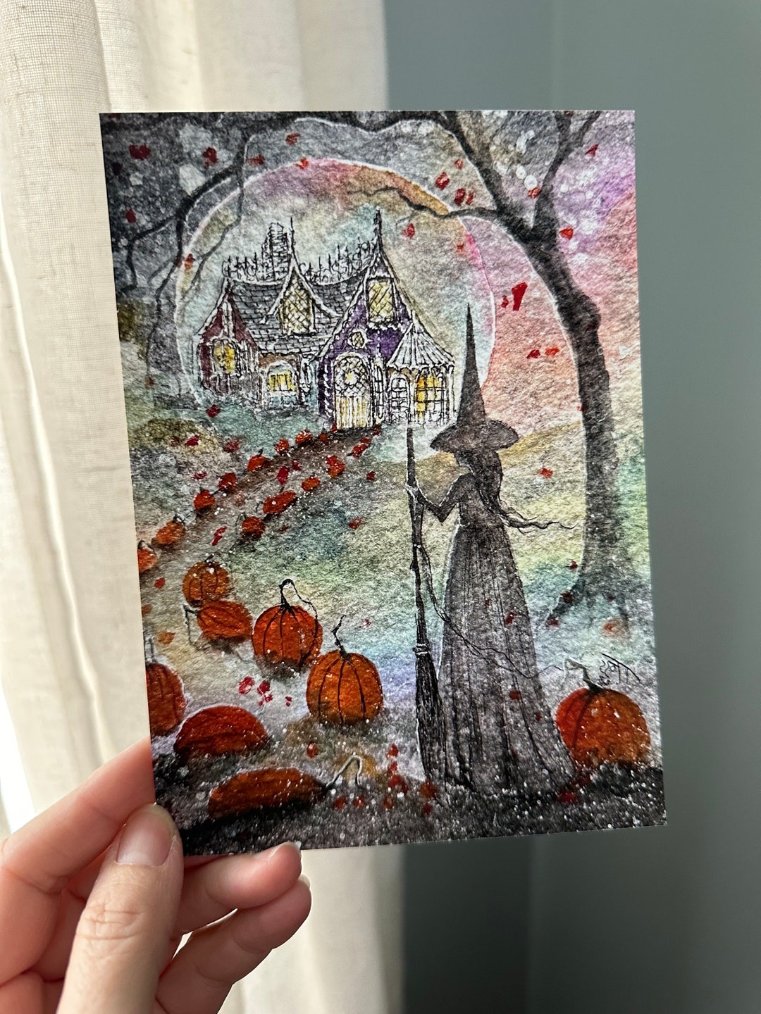 Giclee Fine Art Print From My Painting Moon Witch Cat Pumpkin Autumn ...