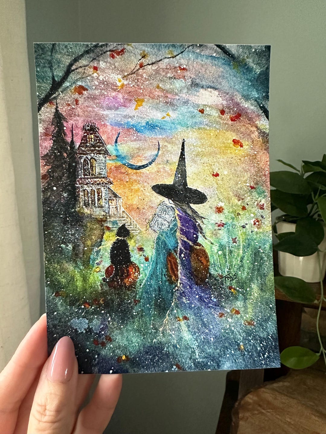 Giclee Fine Art Print From My Painting Moon Witch Cat Book Pumpkin ...