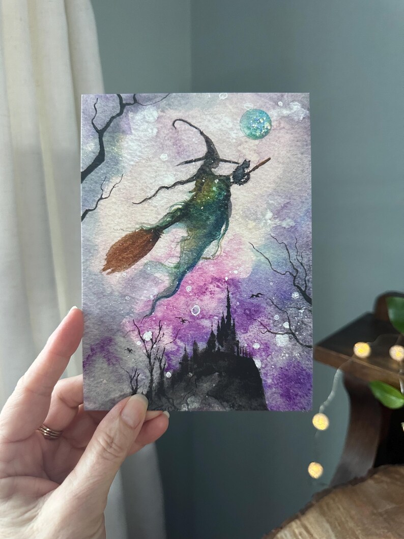 Art Print Terri Ann Foss Flying Witch Moon Black Cat Winter Halloween ...