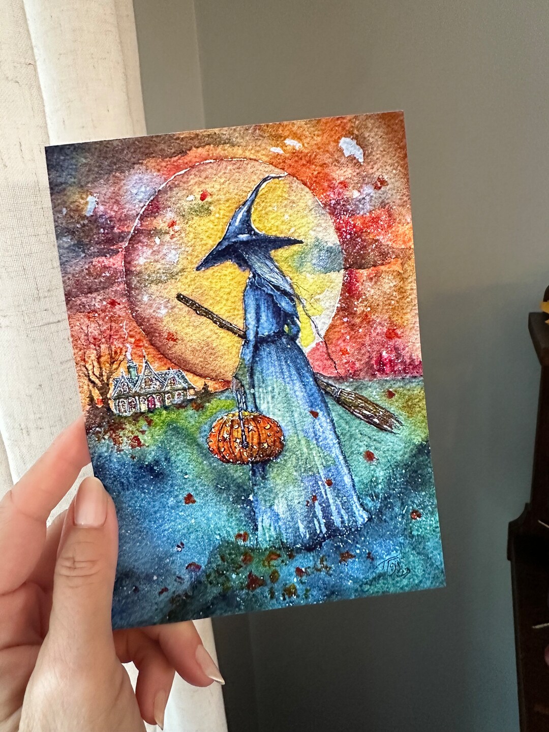 Giclee Fine Art Print From My Painting Moon Witch Broom Pumpkin House ...