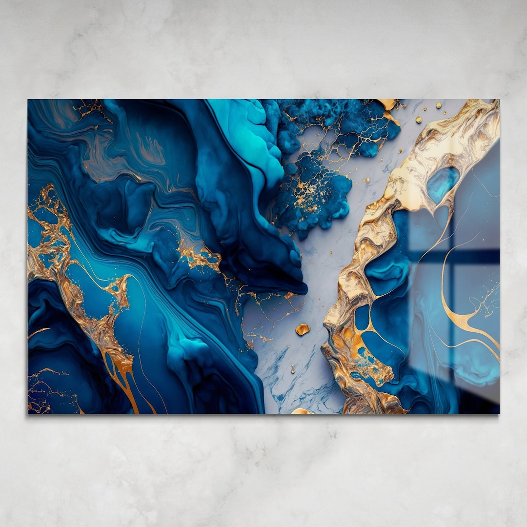 Abstract Blue Glass Wall Art Ready to Hang Housewarming Gift Modern ...