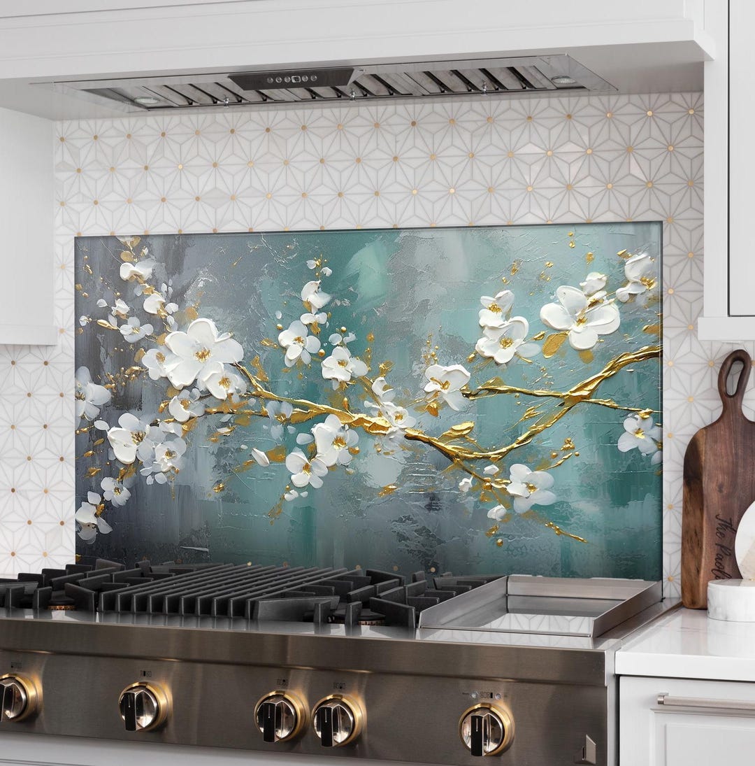Flower Kitchen Backsplash, Stove Back Cover, Tempered Glass Stove ...