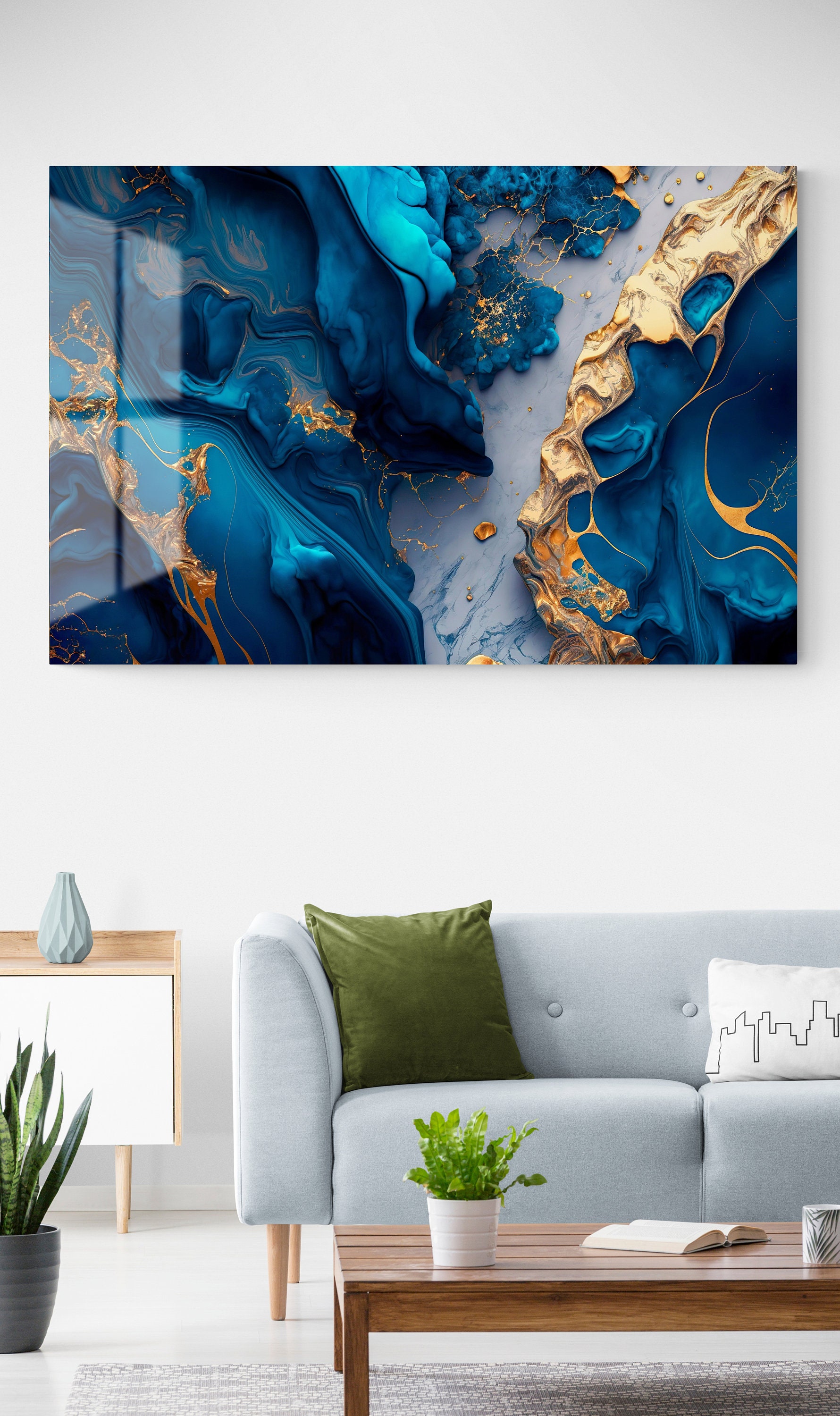 Abstract Blue Glass Wall Art Ready to Hang Housewarming Gift Modern ...