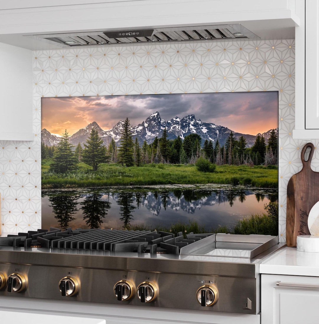 Mountain Scenery Kitchen Backsplash, Stove Back Cover, Tempered Glass ...
