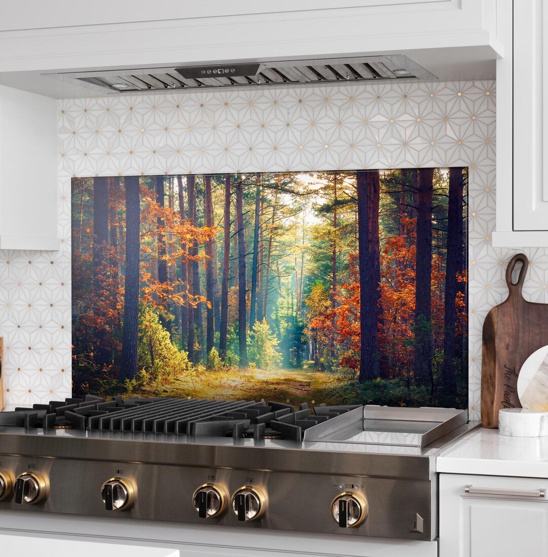 Forest Scenery Kitchen Backsplash, Stove Back Cover, Tempered Glass ...