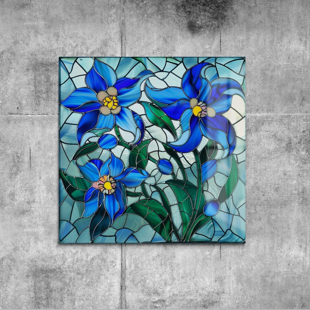 Tempered Stained Glass Blue Flowers Print Wall Art-housewarming Gift ...