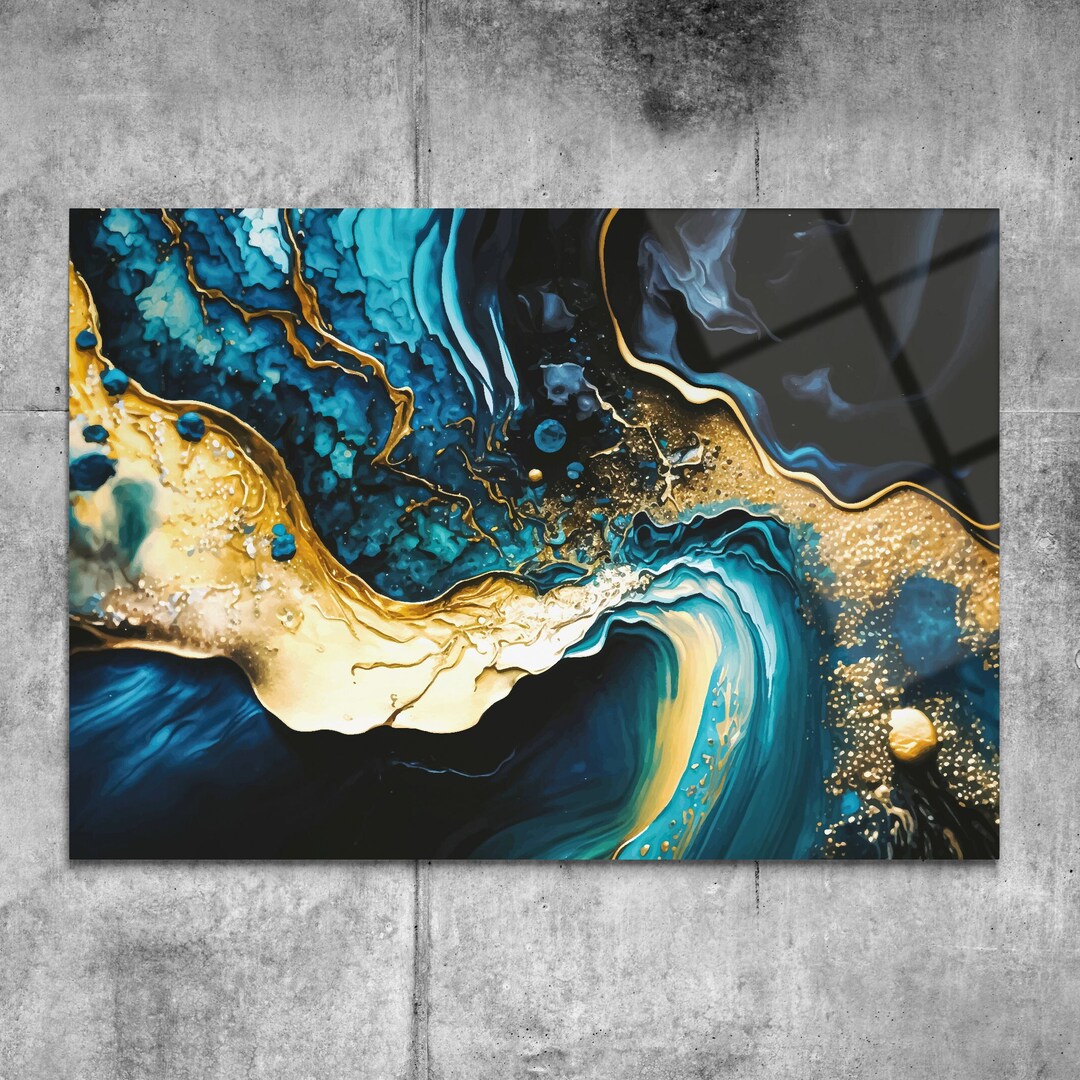 Abstract Blue Acrylic Ink Waves Tempered Glass Wall Art Wall Hanging ...