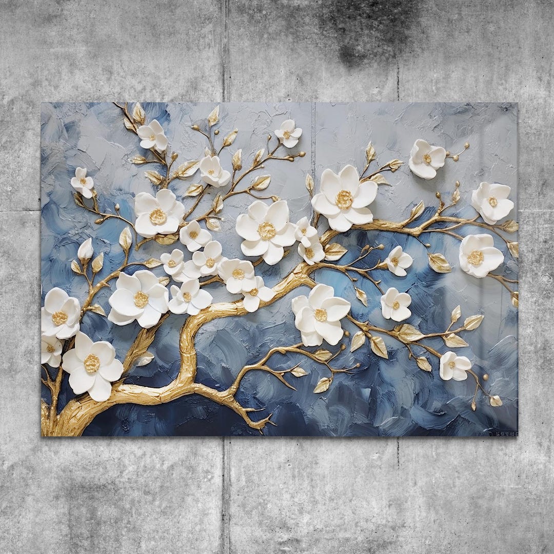 Tempered Glass White Flower Tree Wall Art Housewarming Gift, Modern ...