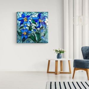 Tempered Stained Glass Blue Flowers Print Wall Art-housewarming Gift ...