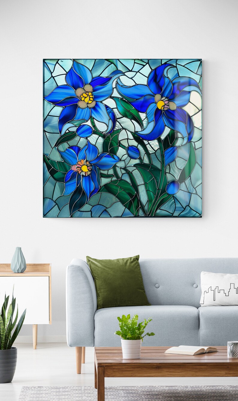 Tempered Stained Glass Blue Flowers Print Wall Art-housewarming Gift ...