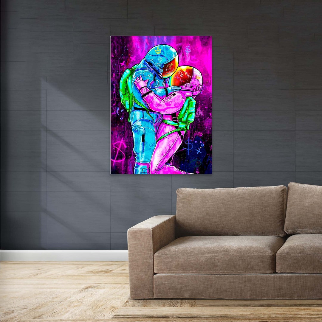 Space Couple Poster, Spaceman and Spacewoman Kiss Canvas Abstract Art ...