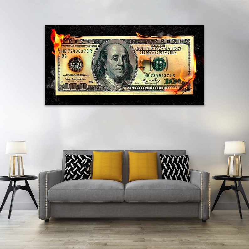Billete de 100 dólares en llamas con Benjamin Franklin, lienzo de arte ...