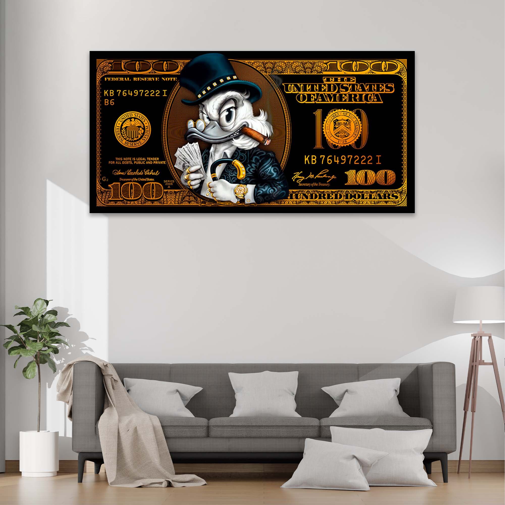 Duck Cartoon Canvas, 100 Dollar Bill Canvas, Duck Rich Wall Art, Dollar ...