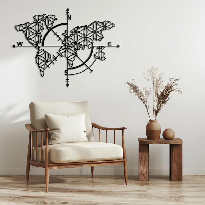 World Map and Compass Metal Wall Art, Metal Geometric Wall Art ...