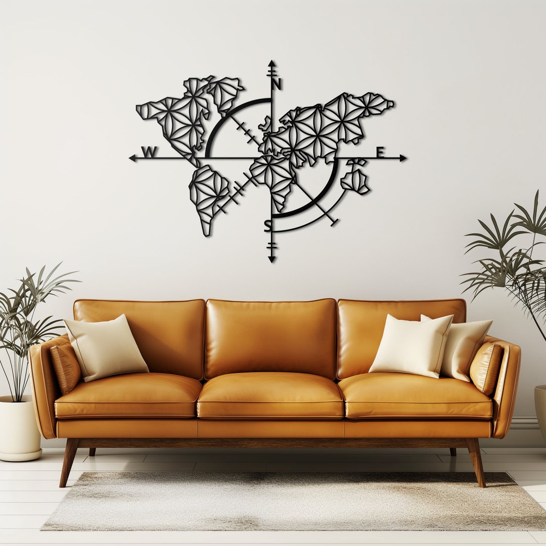 World Map and Compass Metal Wall Art, Metal Geometric Wall Art ...