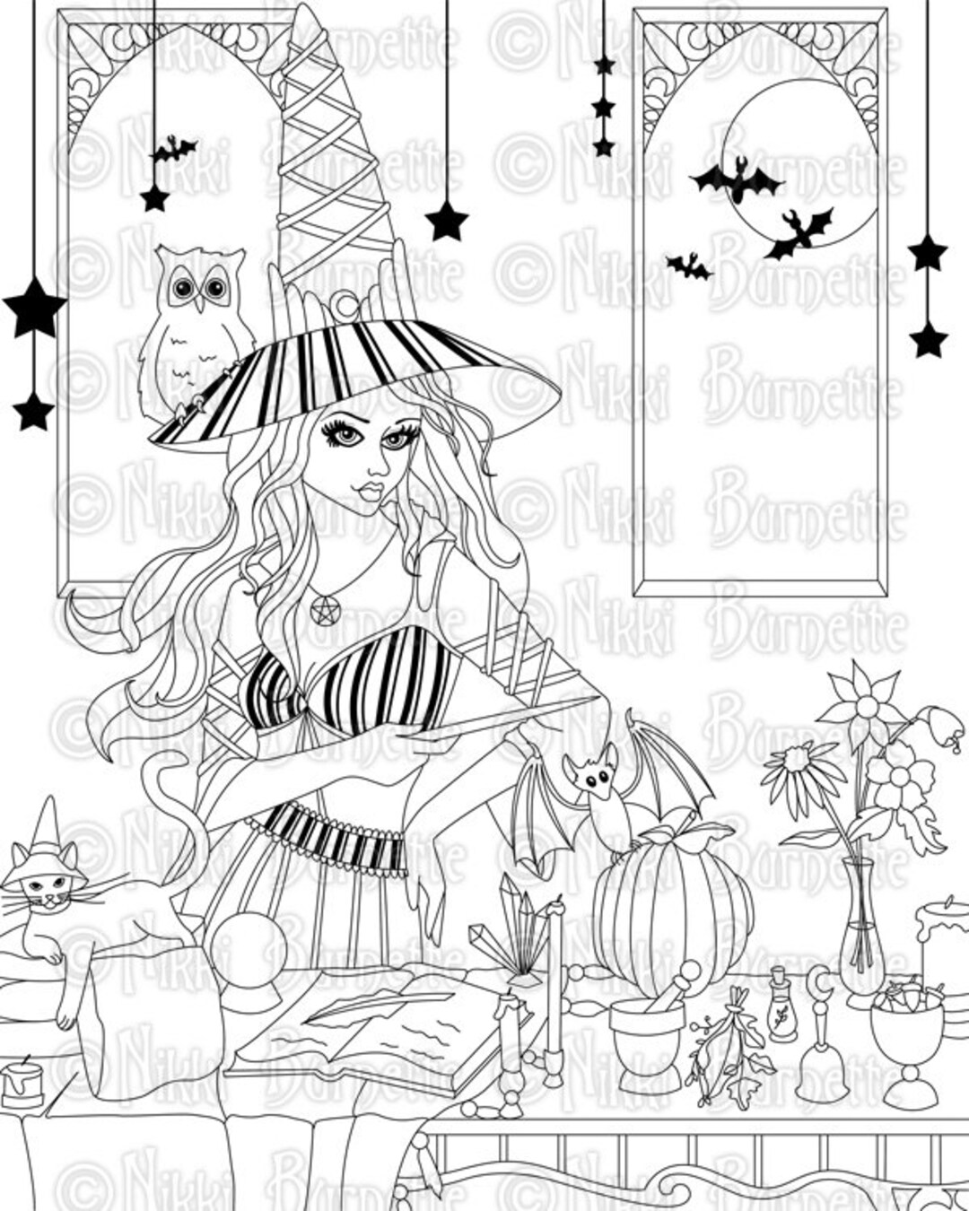 Digital Stamp Printable Coloring Page Fantasy Art Witch - Etsy