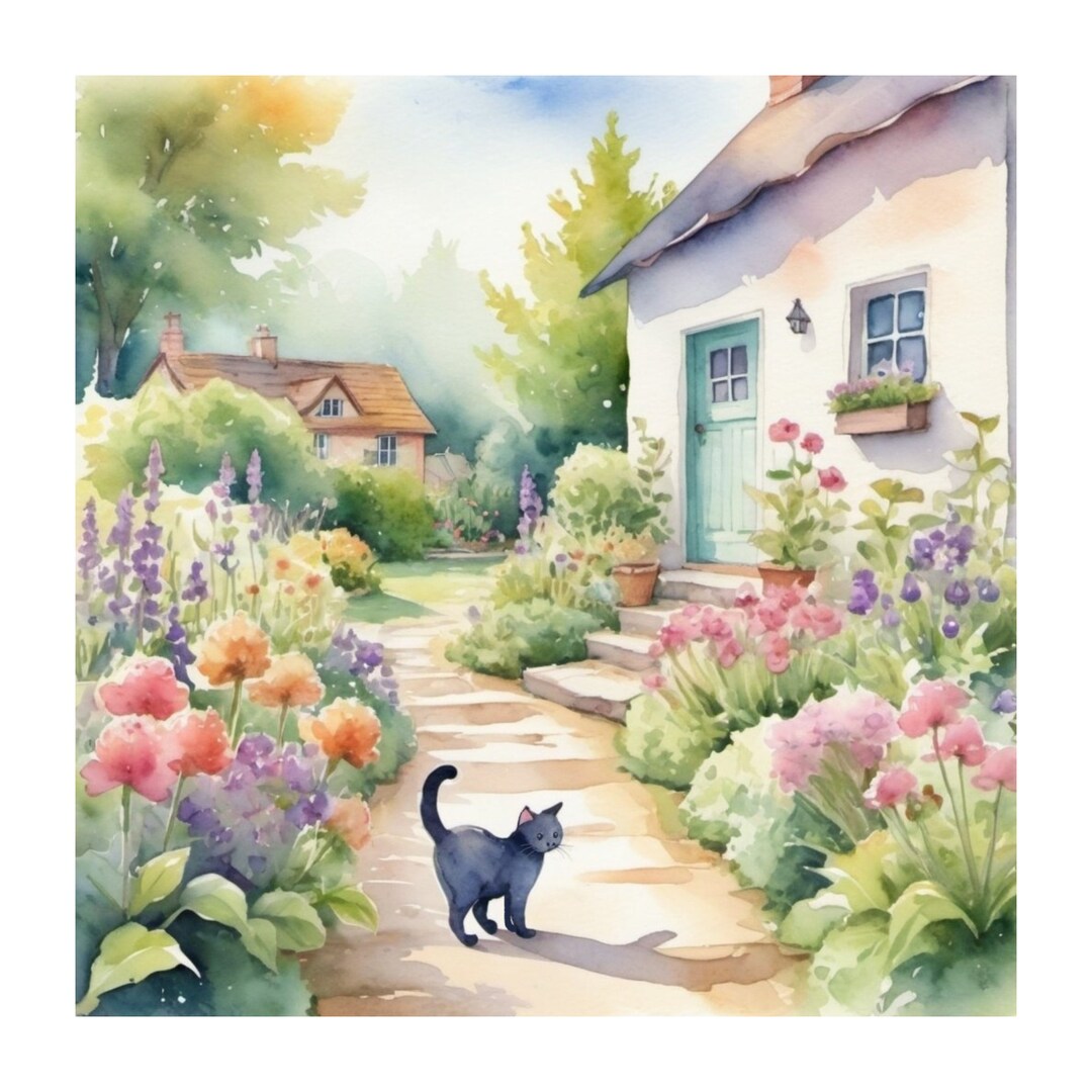 Cottage Cat Watercolor Art Print - Etsy