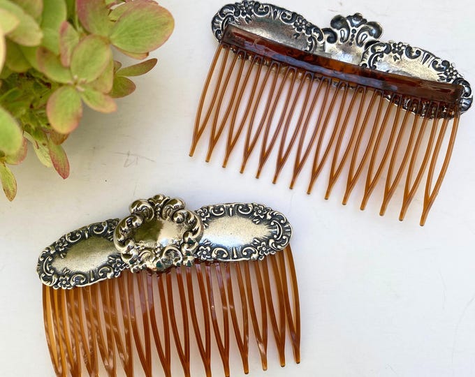 Set of 2 Tortoise Combs Embellished With Vintage Silver | Gift for Her ...