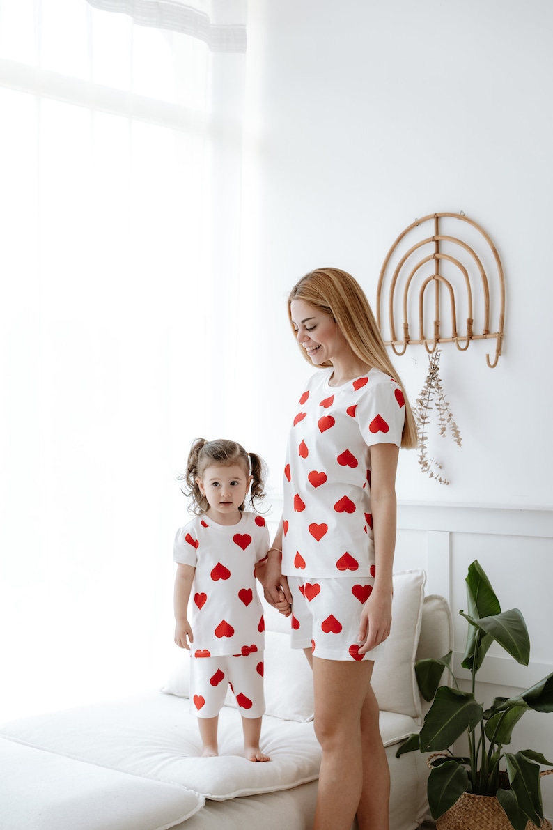 Mother-daughter Pajama Set: Red Heart Print Cotton Sleepwear - Etsy