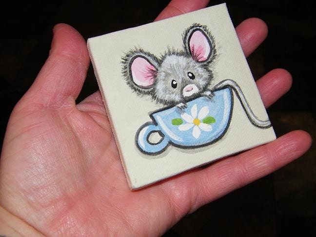 A Cupful of Cute Lil Mouse mini artwork 3x3 Custom painted | Etsy