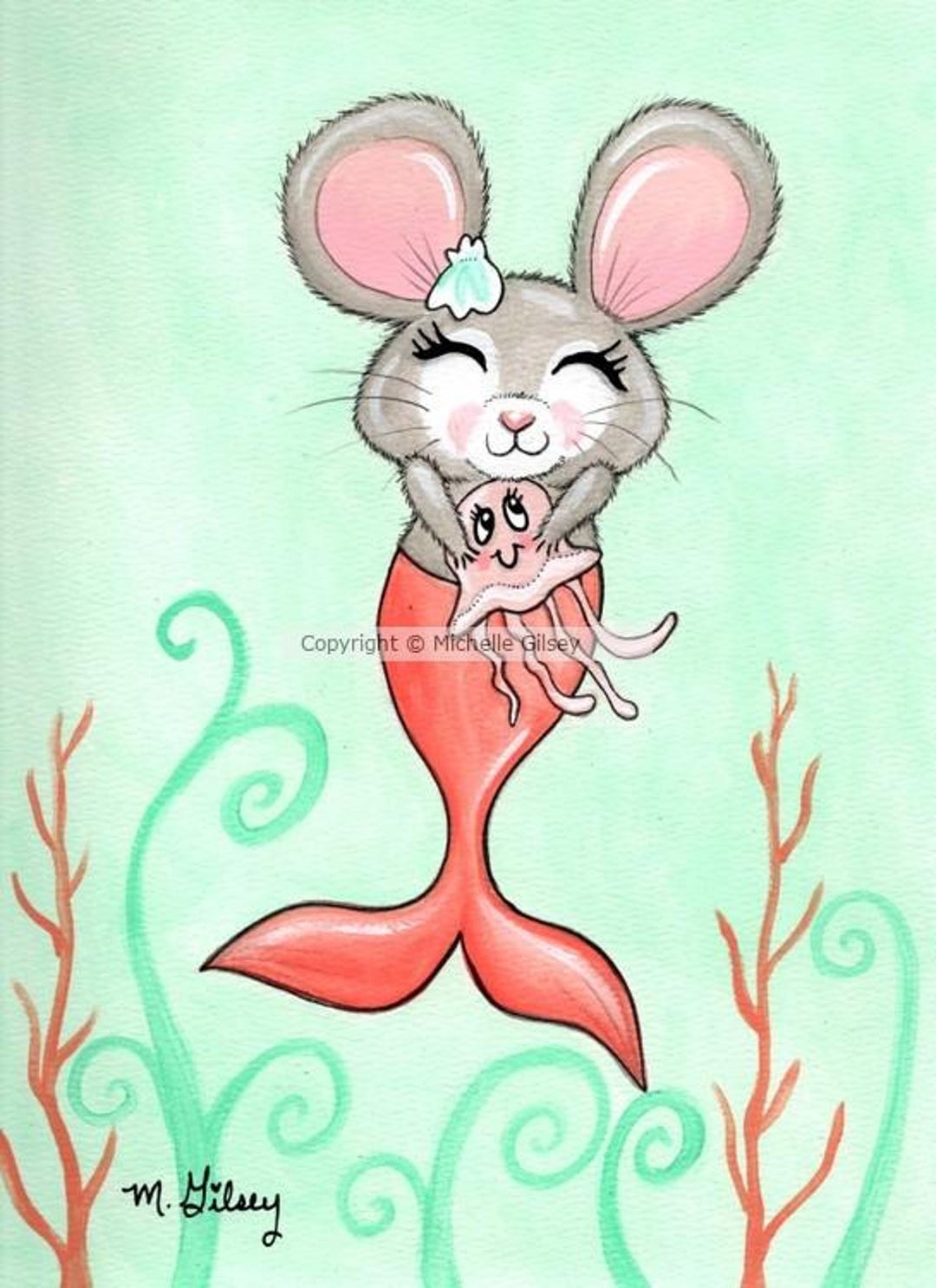 Mermaid Mouse Original Painting 9"x12", Mermaid Artwork, Painted ...