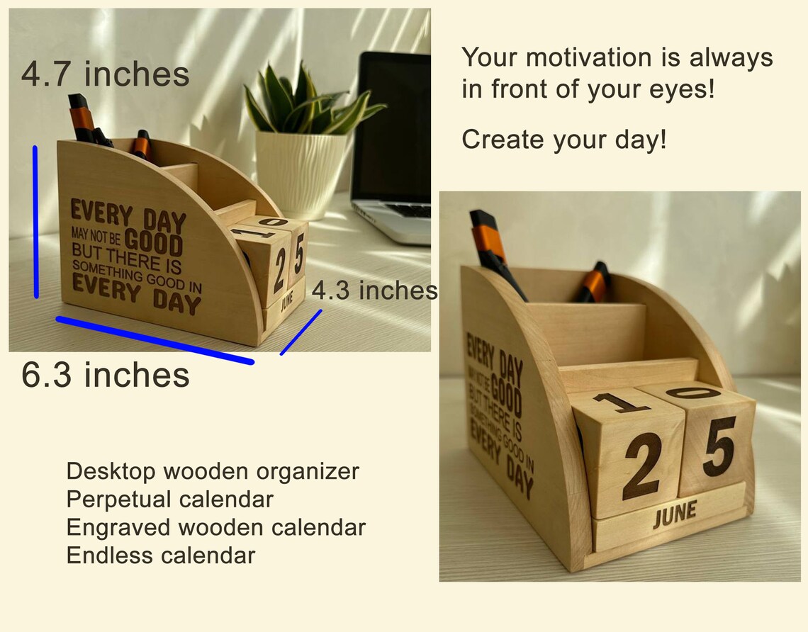 Desktop Wooden Organizer - Custom Perpetual Calendar - Engraved Wooden ...