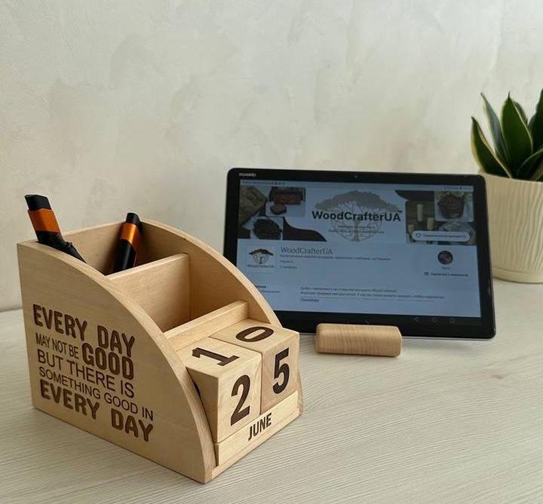 Wooden Desk Organizer Calendar With Phone Stand – Style & Function ...