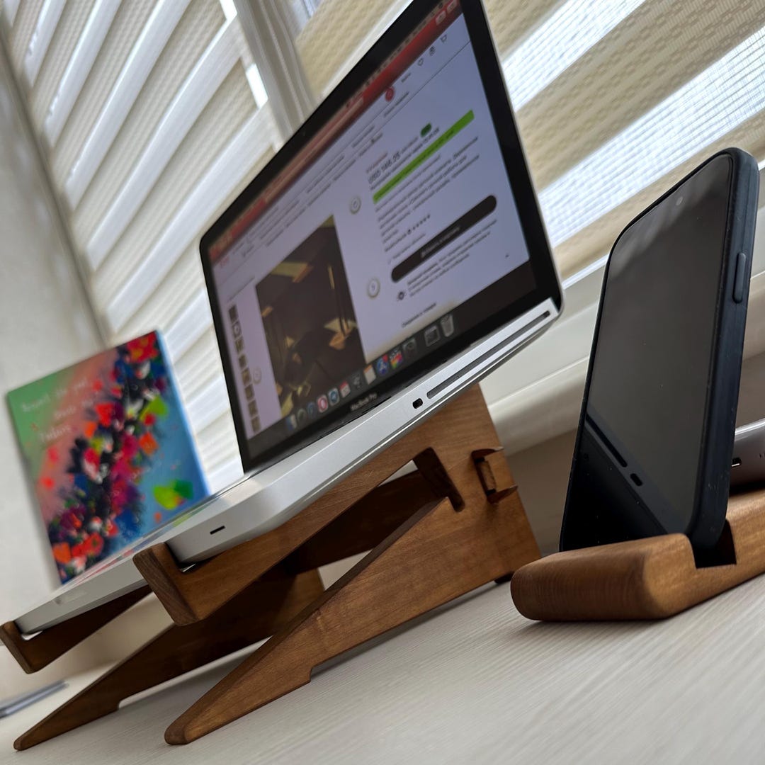 Wood Laptop, Phone Stand Set. Handmade Desk Organizer, Ergonomic Wooden ...