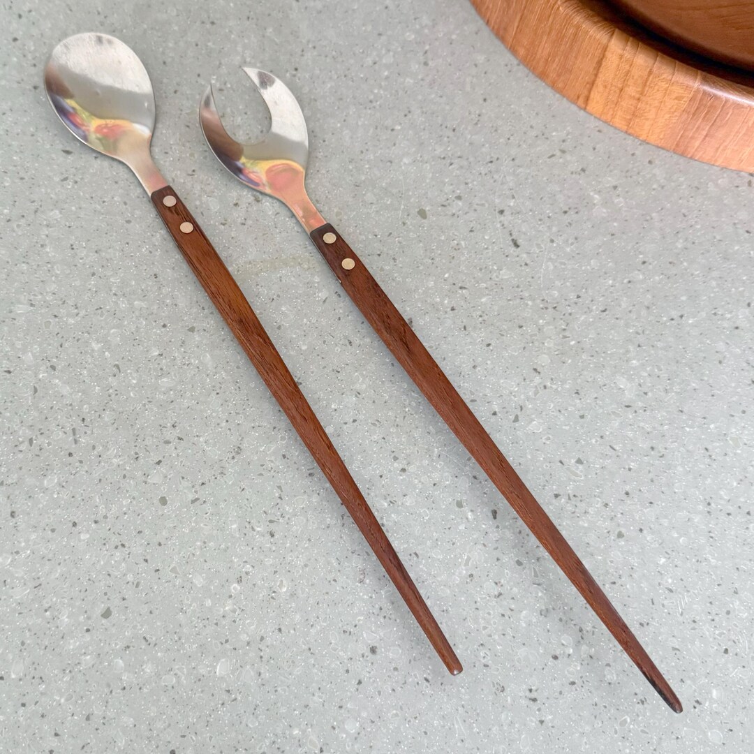 MCM Mid Century Walnut Wood Handled Stainless Steel Salad Servers Set ...