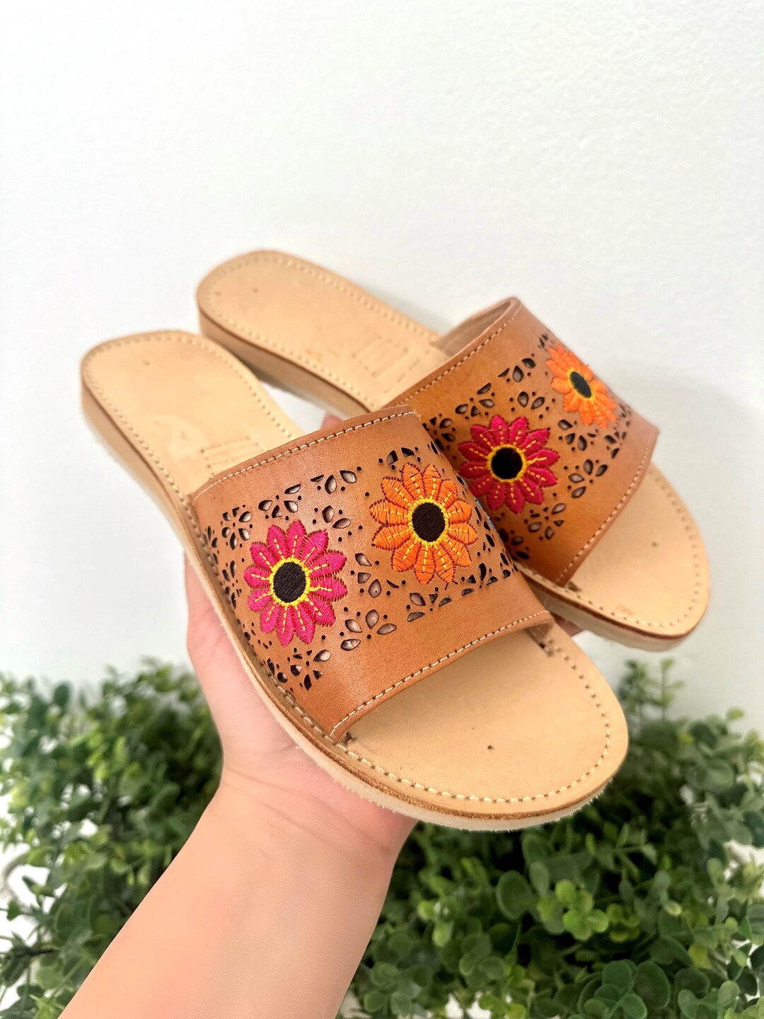 Mexican Handmade Leather Huaraches Embroidered Flowers, Boho Hippie ...