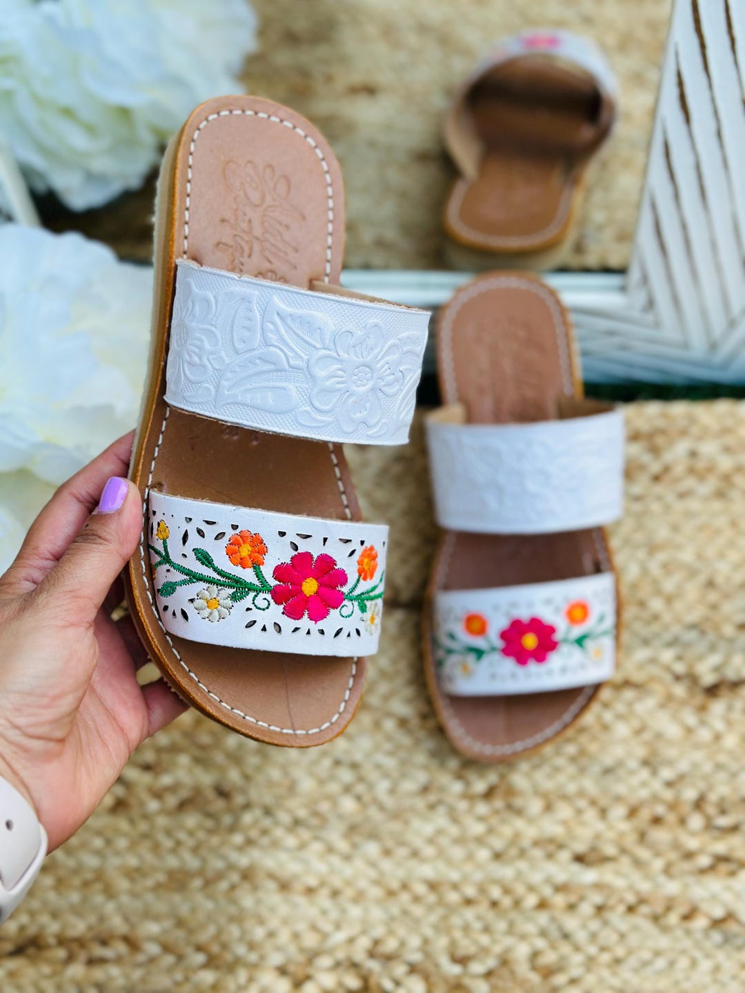 Womens Mexican Sandals, Leather Flower Embroidered Huarache, White ...