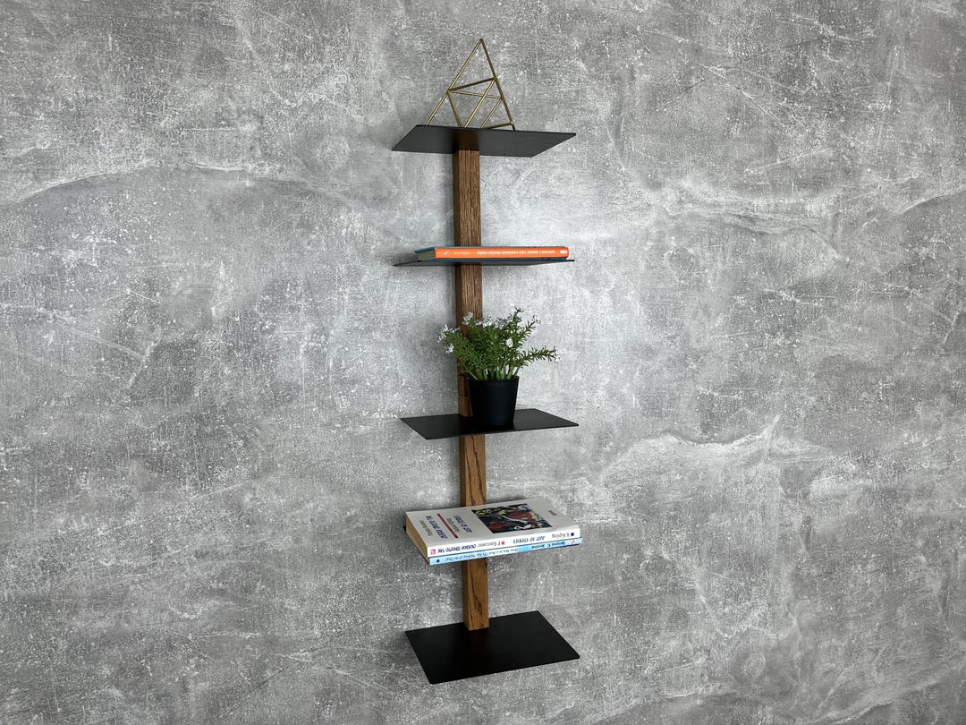 Black Metal and Wood Floating Shelf, Modern Vertical Wall Shelf, Small ...