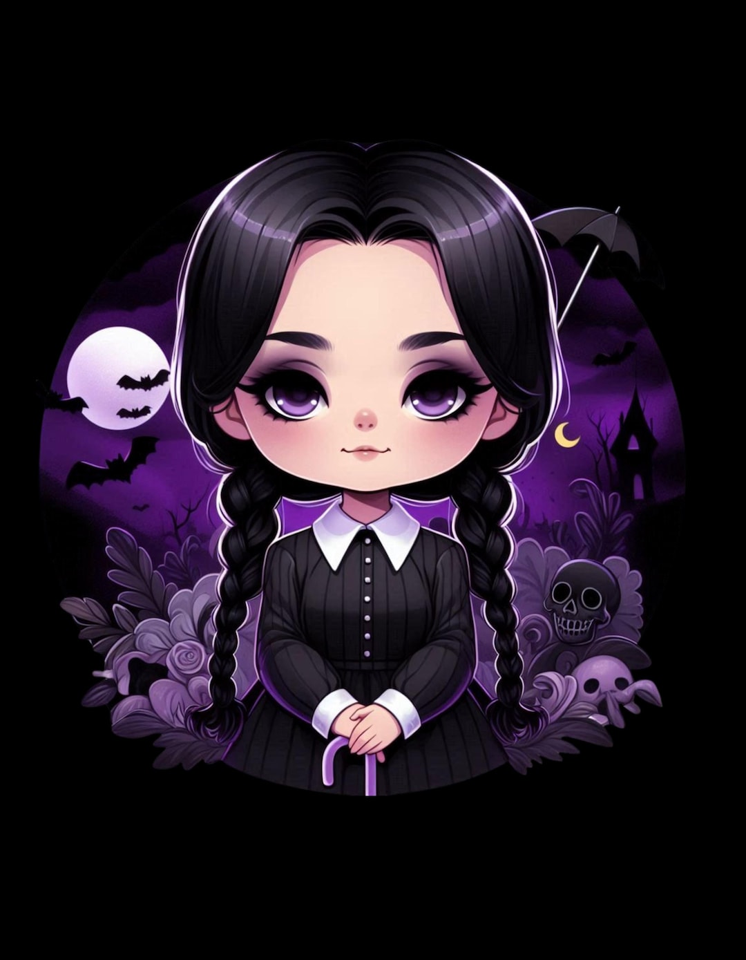 Cute Chibi Wednesday Addams PNG, Gothic Kawaii Digital Art, Transparent ...