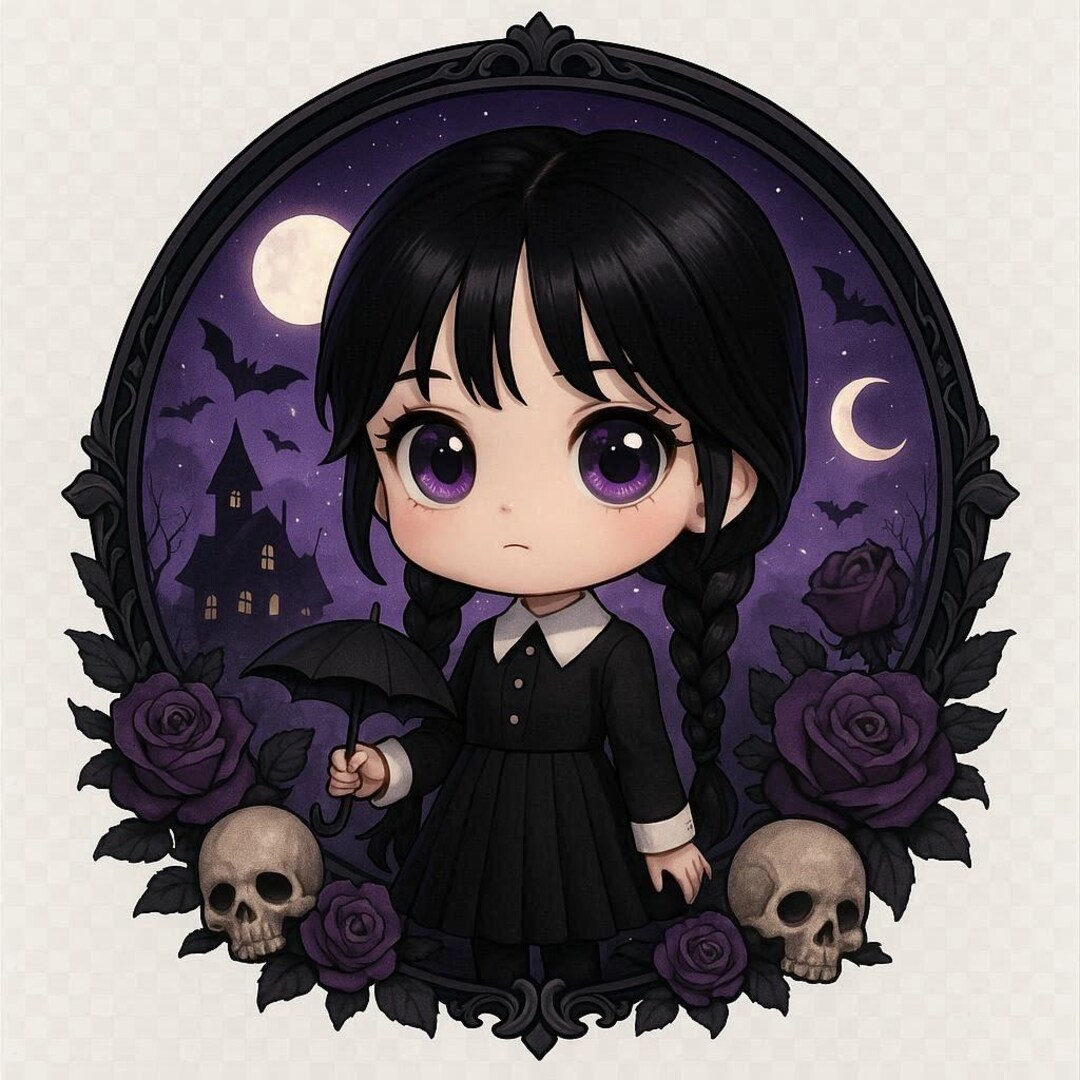 Cute Chibi Wednesday Addams PNG, Gothic Kawaii Digital Art, Transparent ...