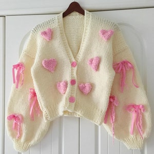 Pink Heart White Cardigan, Ribbon Sweater, Cute Cozy Wool Crop Soft ...