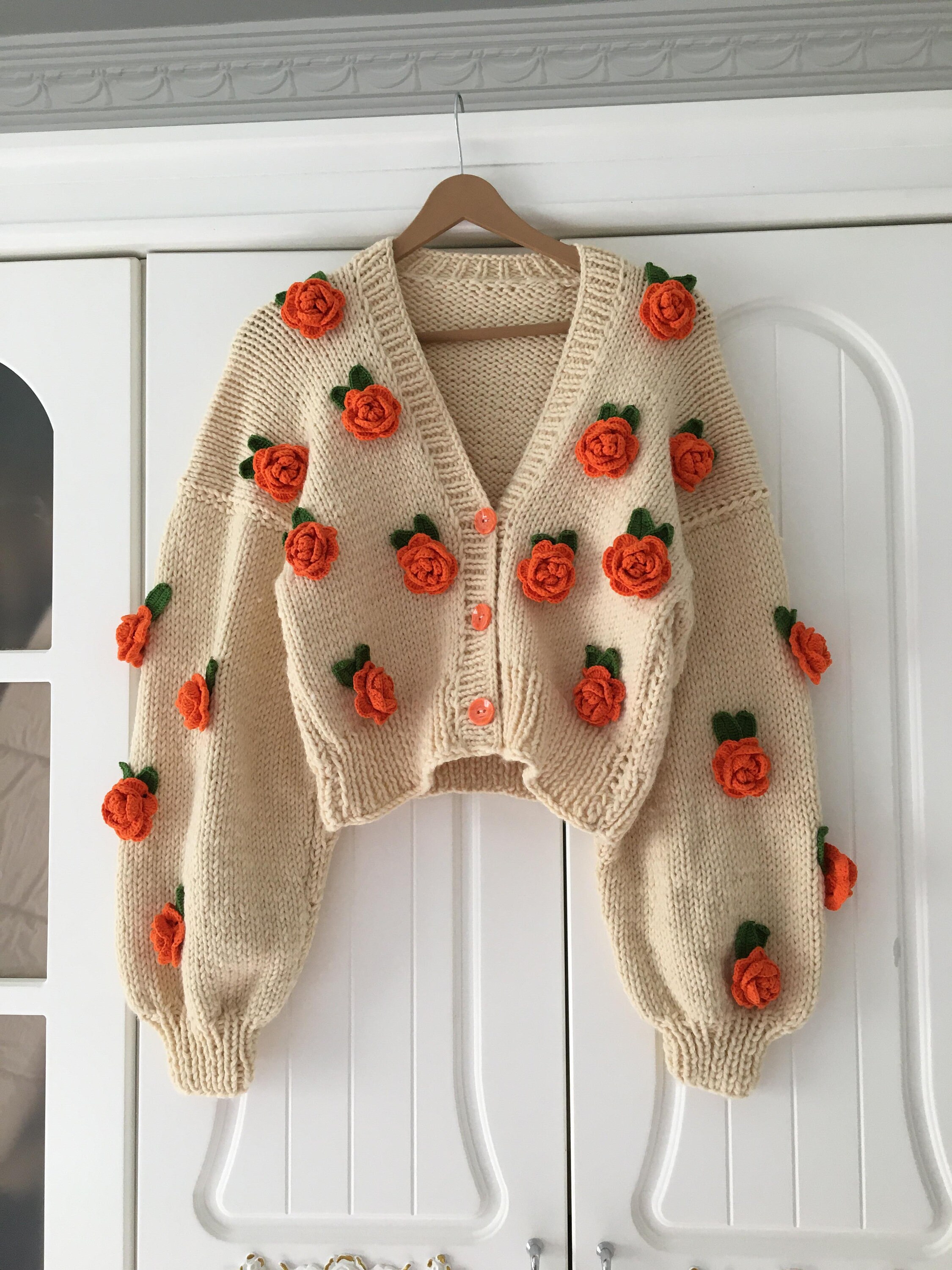 Orange Roses Cardigan, Gift, Custom Knitted Jacket, Cardigan Women ...