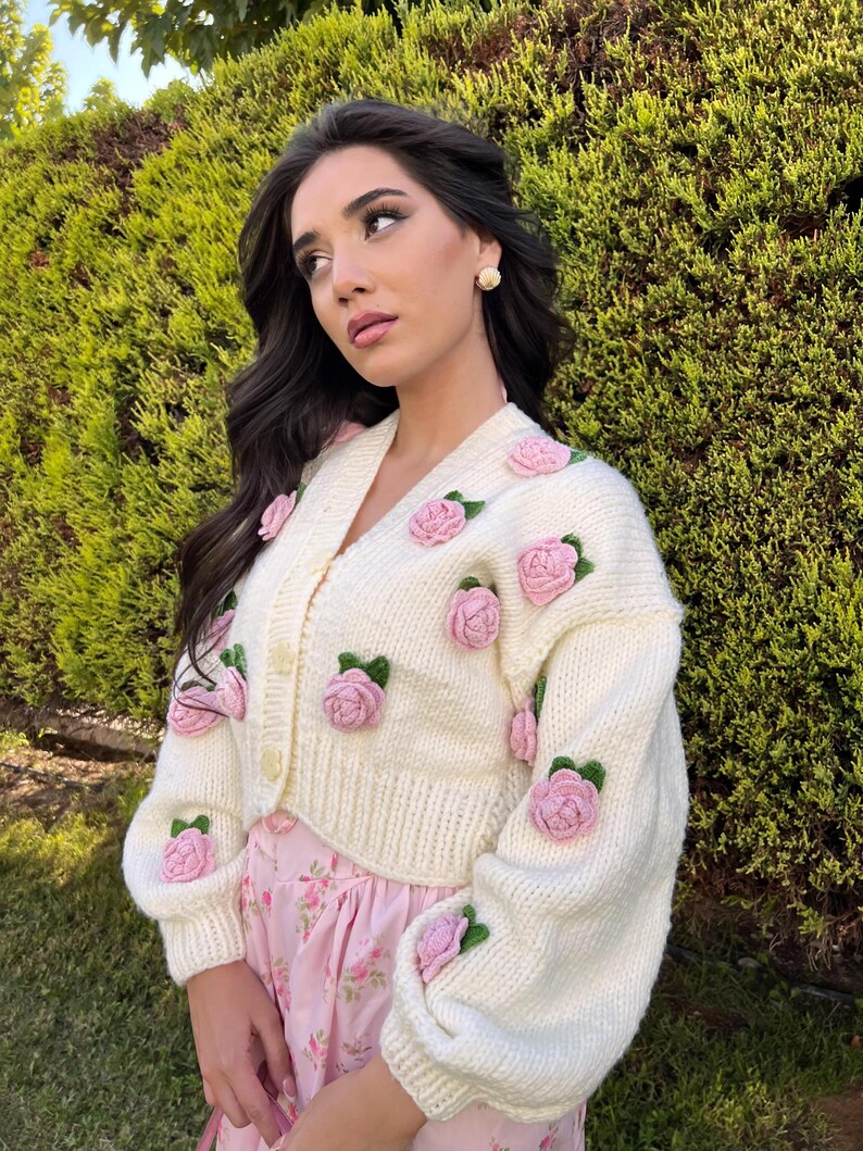 Pink Roses White Cardigan, Birthday Gift for Her, Women's Clothing ...
