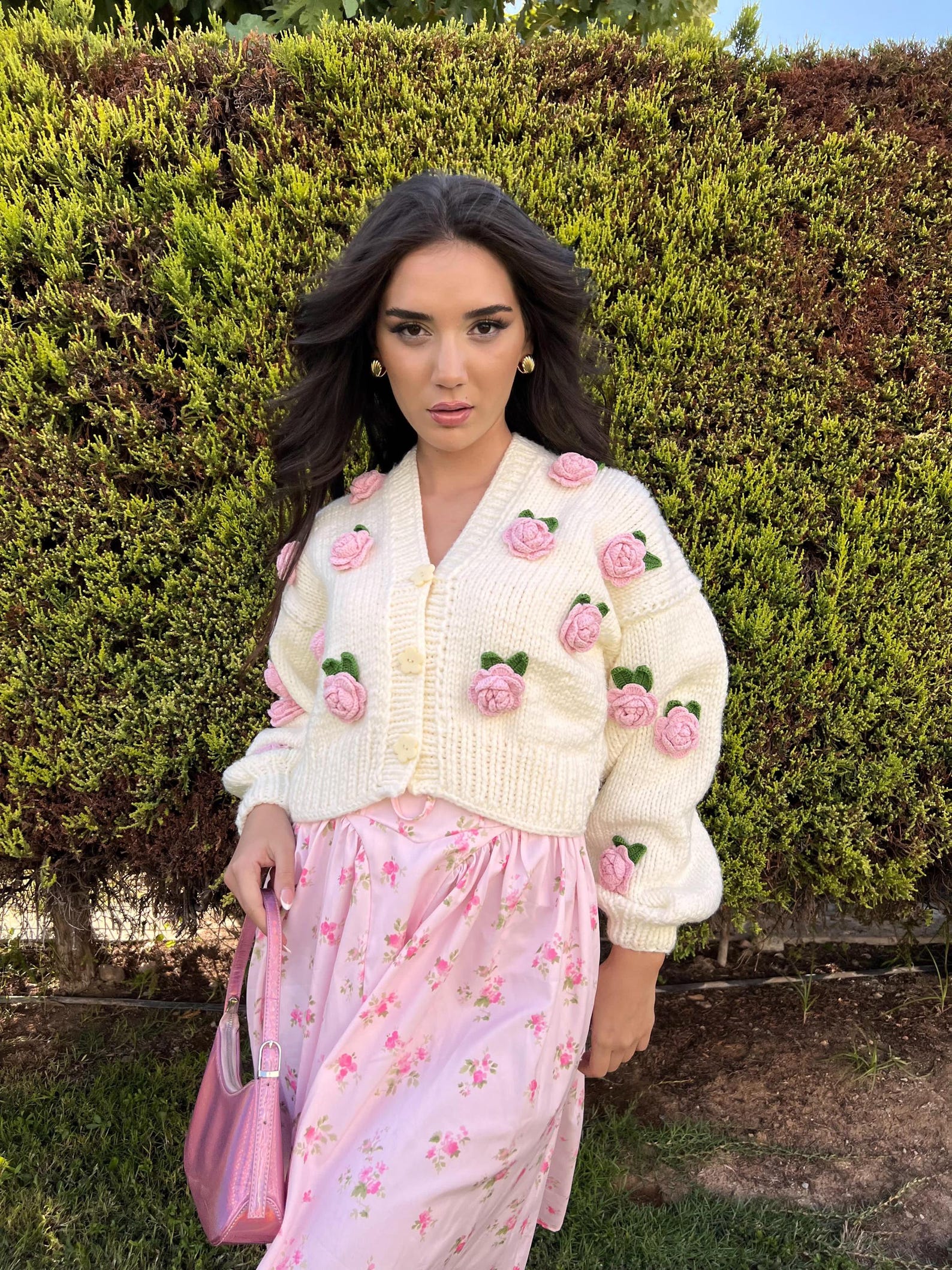 Pink Roses White Cardigan, Birthday Gift for Her, Women's Clothing ...