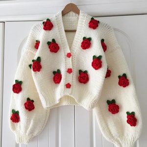 Embroidered Red Rose Knit Cardigan: Handmade Chunky Crop Sweater - Etsy