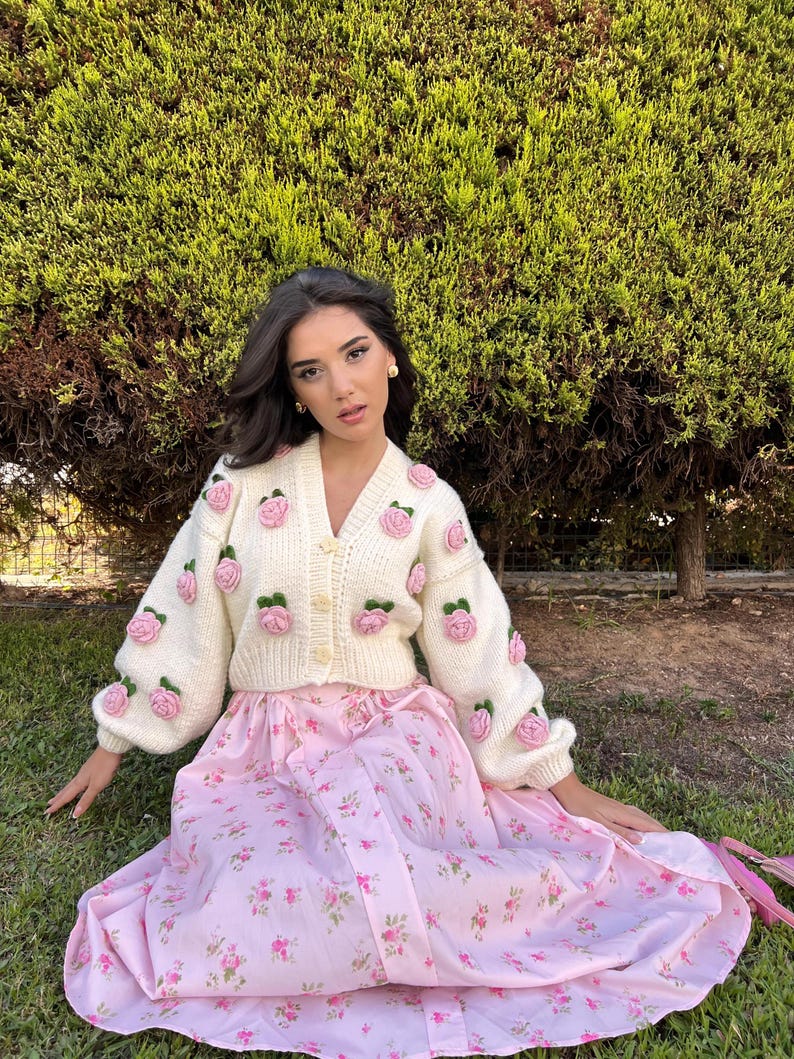 Pink Roses White Cardigan,gift, Gift for Women, Christmas Cardigan ...