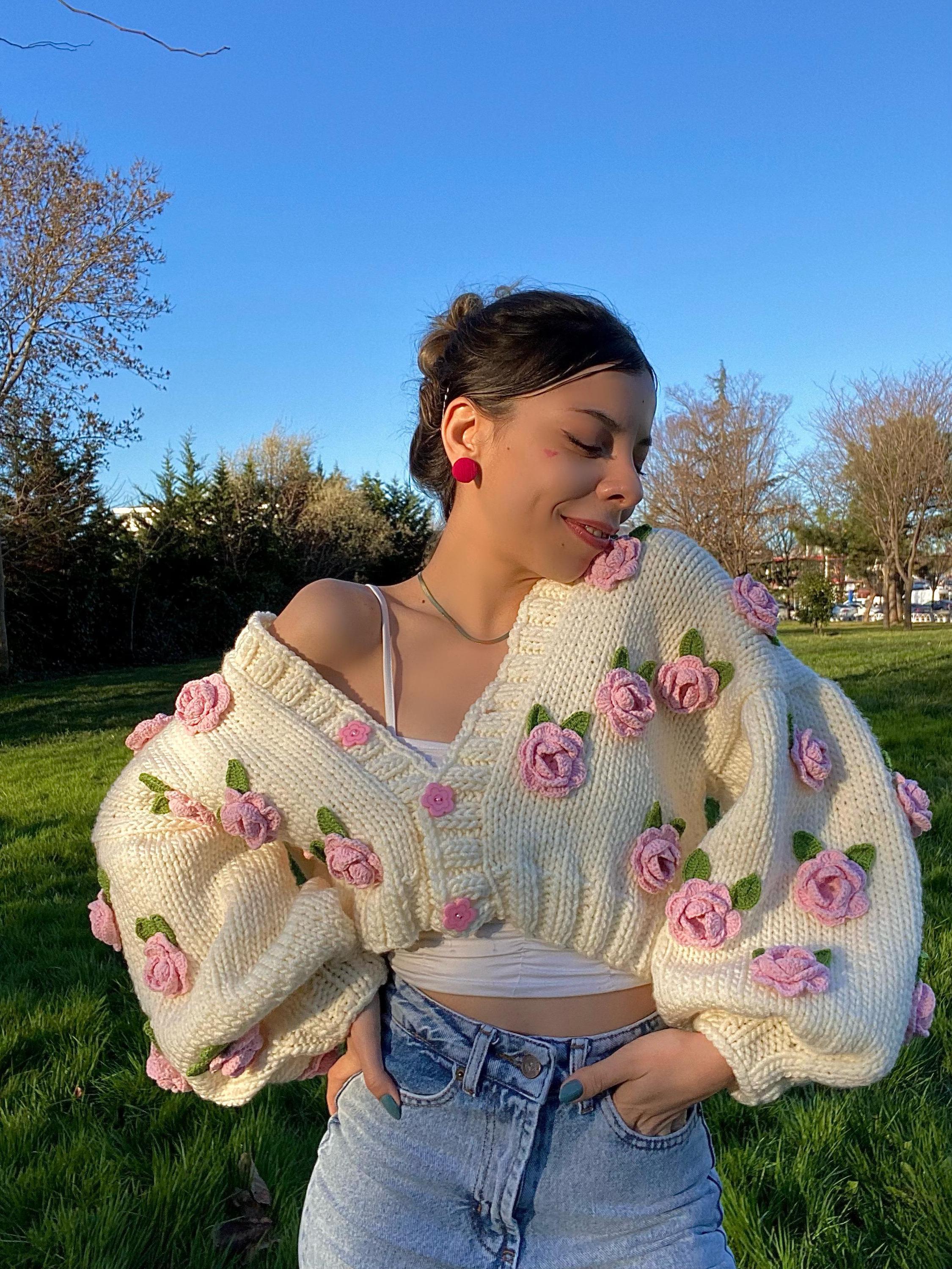 Handmade Knit Cardigan With Pink Flowers - Etsy
