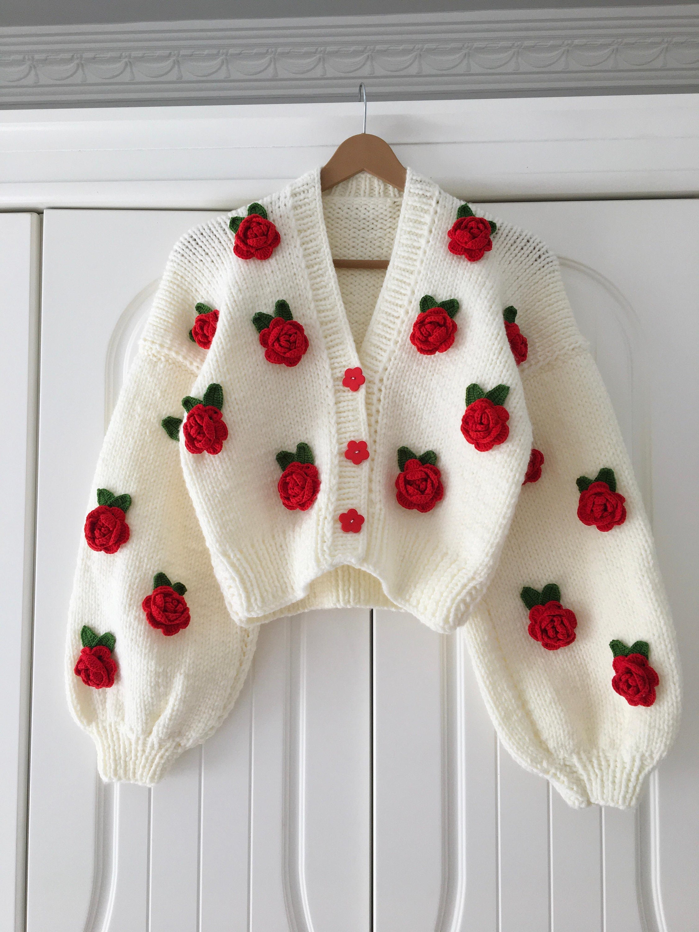 Embroidered Red Rose Knit Cardigan: Handmade Chunky Crop Sweater - Etsy