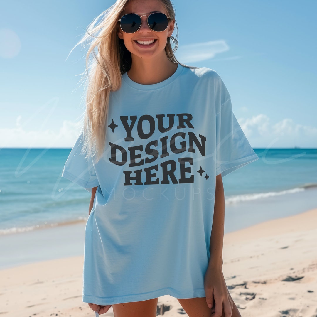 Ocean Blue Tshirt Mockup, Oversized Bella Canvas 3001 Ocean Blue T ...