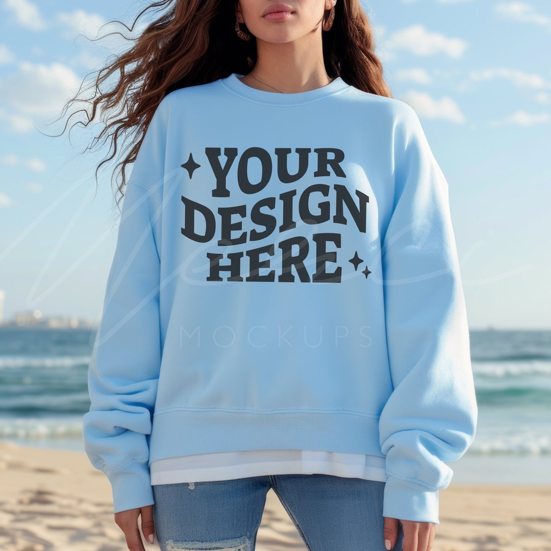 Light Blue Sweatshirt Mockup, Gildan 18000 Model Mock-up, Oversized ...