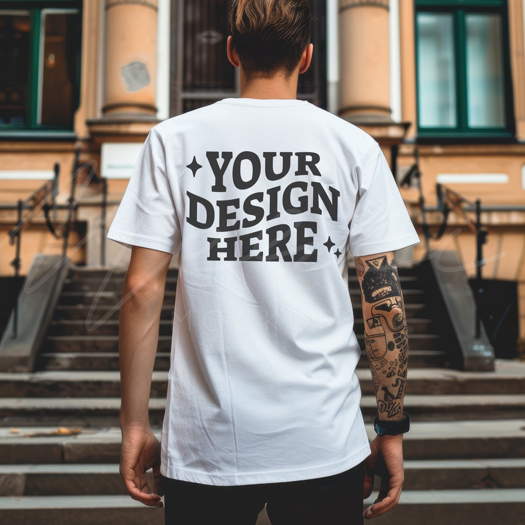 Male Model White T-shirt Back Mockup, Gildan 5000, White Color Crew ...