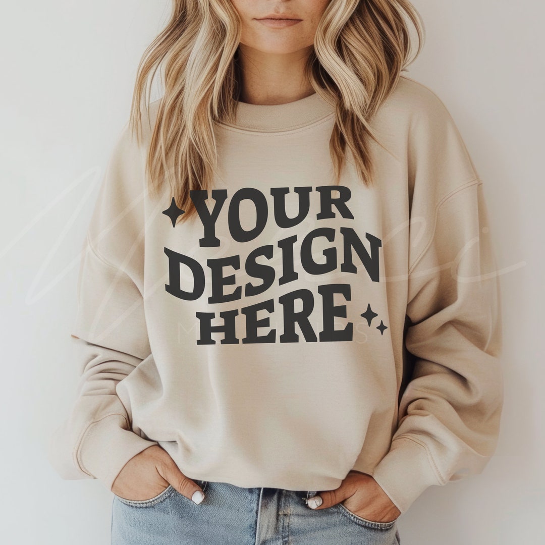 Sand Sweatshirt Mockup, Gildan 18000, Crew Neck Mockup, Female Neutral ...