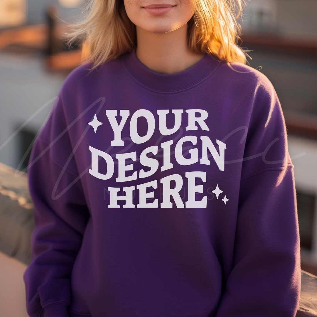Purple Color Sweatshirt Mockup, Gildan 18000 Purple, Purple Crew Neck ...