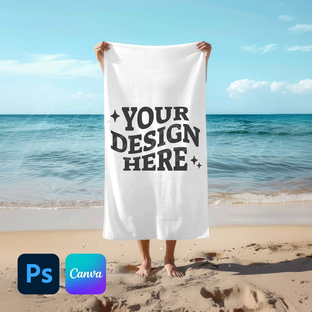 30x60 Beach Towel Mockup Template, Drag & Drop Canva and PSD PNG ...