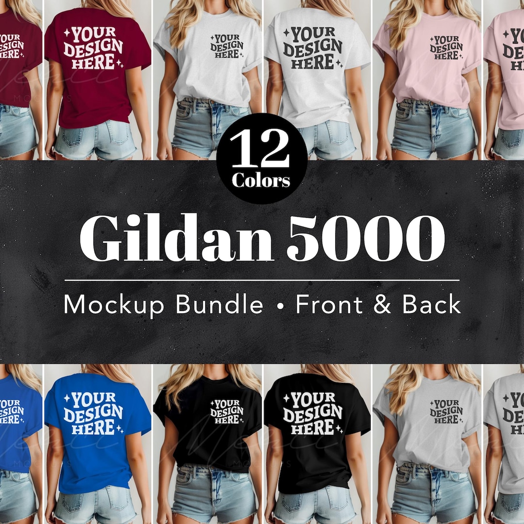 Gildan 5000 Front and Back View Mockup Bundle, Crew Neck Tshirt Back ...