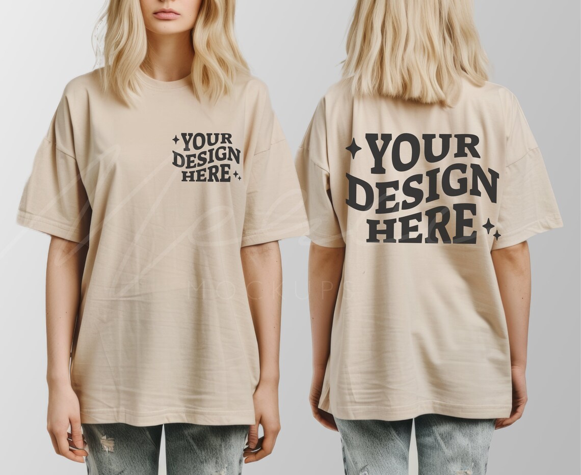 Sand Color T-shirt Mockup, Front and Back, Gildan 5000, Oversized Heavy ...